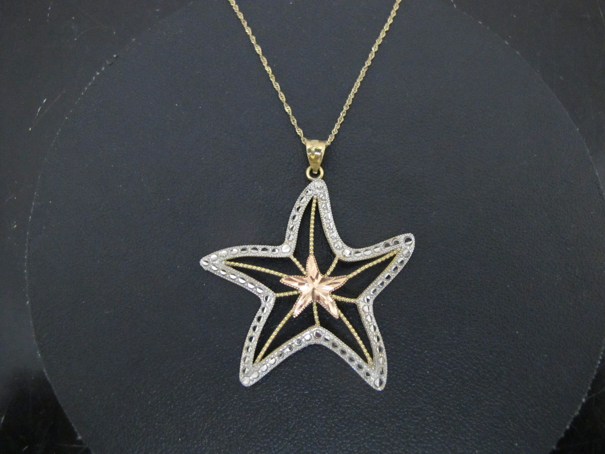 Multi-Tone 10k Gold Pierced FLOATING STARFISH Pendant Chain Necklace ...