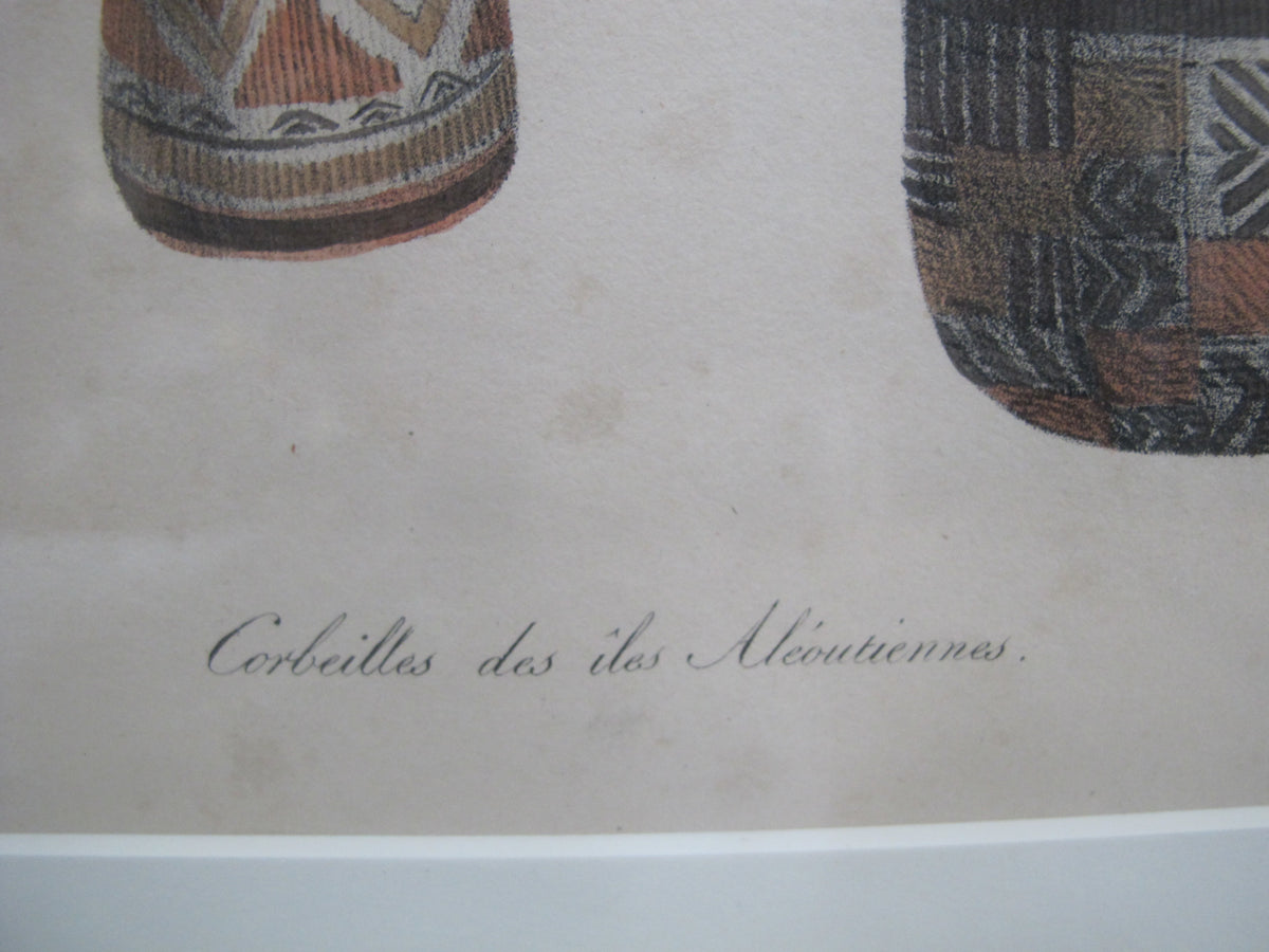 LOUIS CHORIS Hand Tinted c1822 Lithograph Plate X ALEUTIAN BASKETS of ...