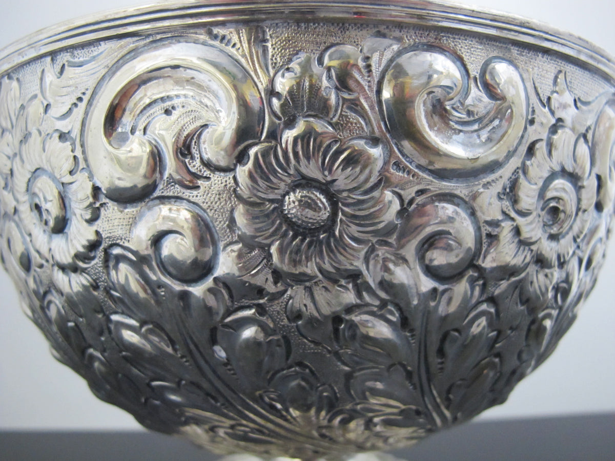 Antique ENGLISH Silver Plate Ornate REPOUSSE Flower & Scroll Footed BO ...