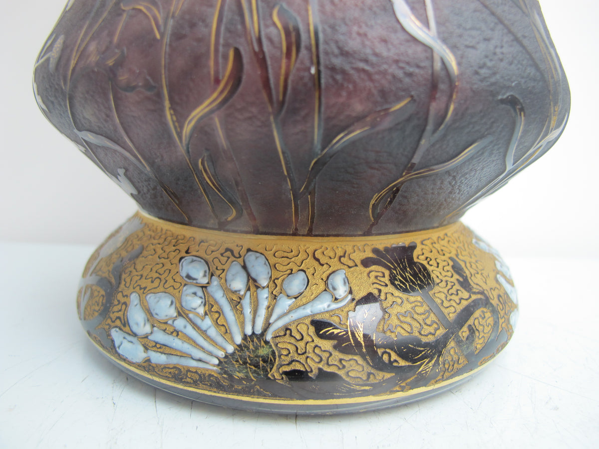 Antique DAUM NANCY Etched & Enamel Gilt Flower Vase15" Tall Art Glass ...