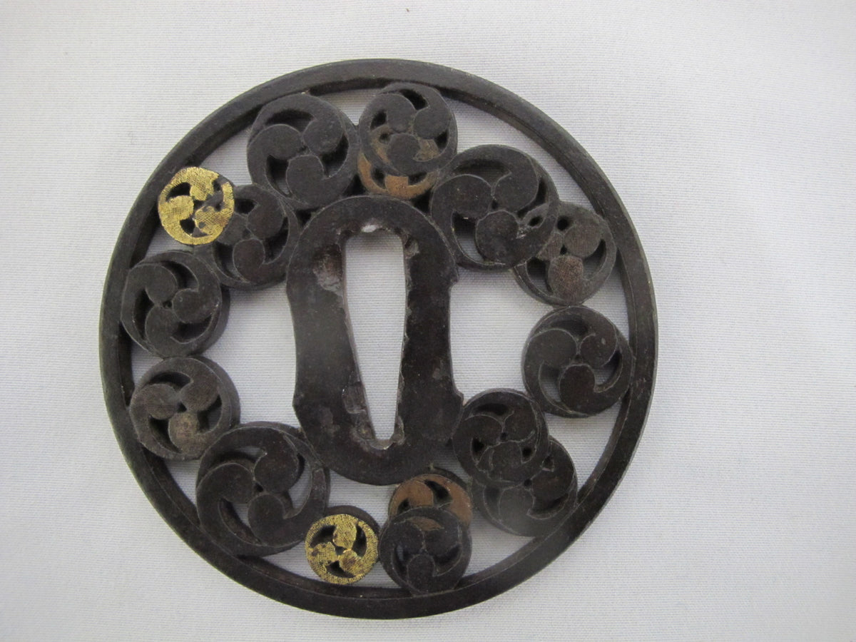 Iron TSUBA Fine Openwork Hidari-Mitsudomoe Kobayakawa Japanese EDO Swo ...