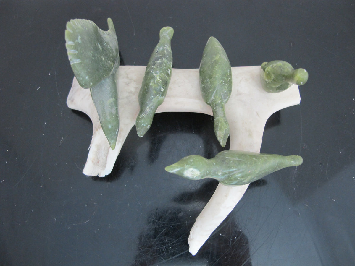 Canadian Native INUIT Carved Green Stone BIRDS on Antler by TR McPhee ...