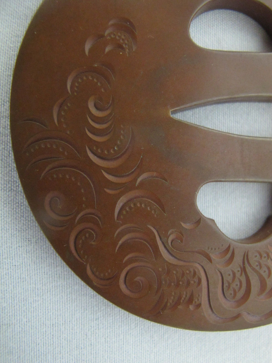 Japanese Shin No Maru-Gata TSUBA Copper Sword Guard Engraved DRAGON Wa ...