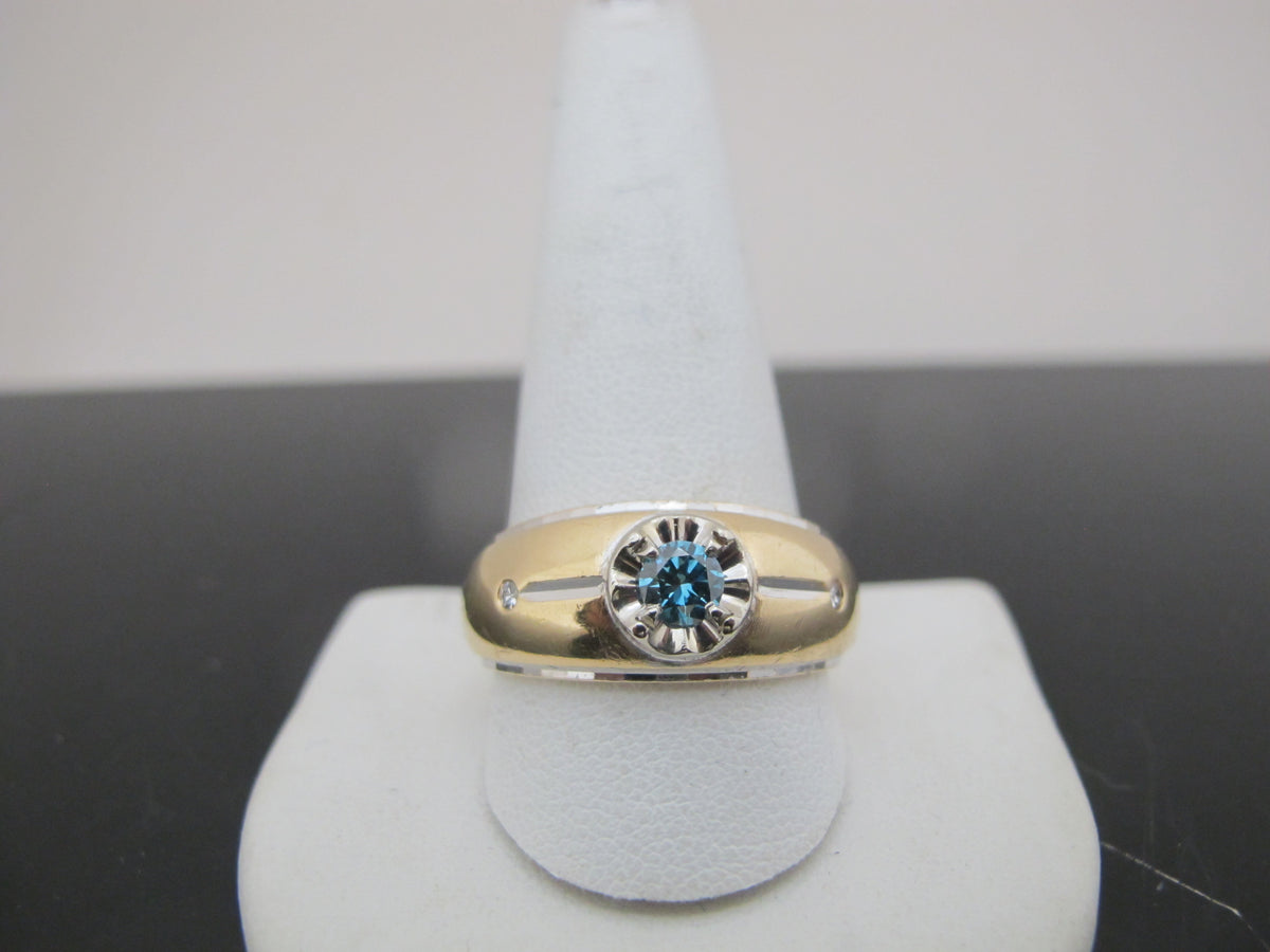 ART DECO Style 14k Yellow & White Gold Fancy Blue DIAMOND Men's Ring w ...