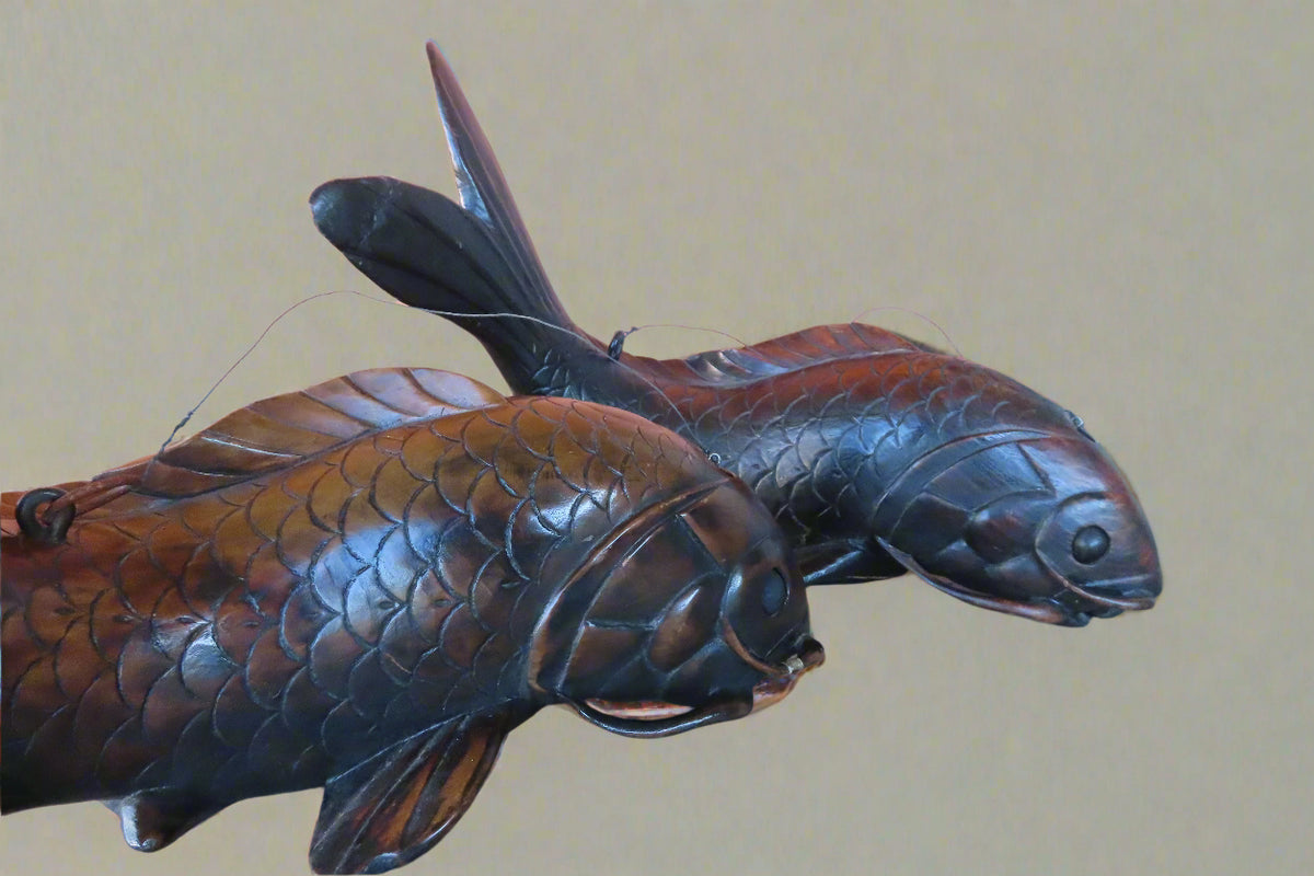 Pair of Meiji Jizai Kagi Carved Wood Koi Fish With Moveable Eyes – The ...
