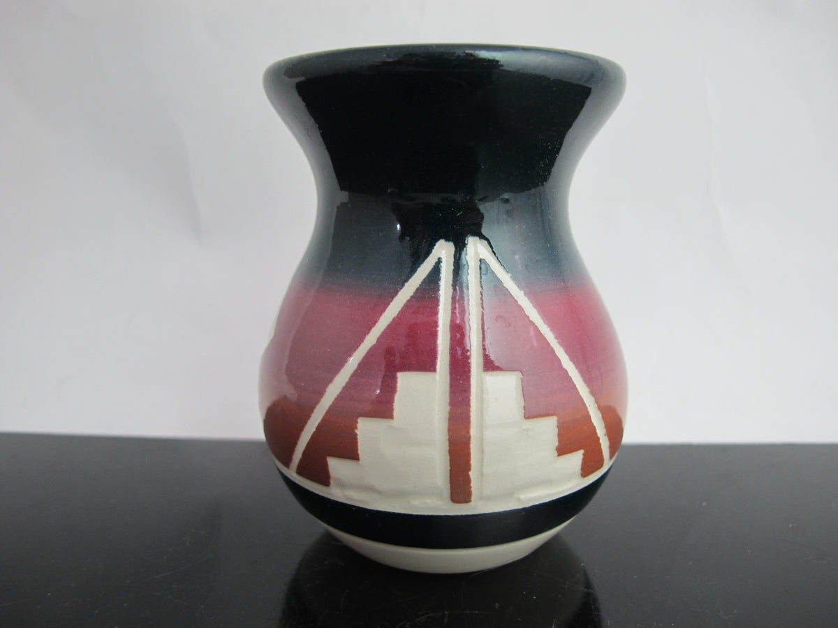 Small Glazed NATIVE American Pottery Vase w/Magenta Black Brown GEOMET ...